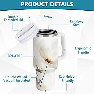 Jihqo Watercolor White Flowers 40 oz Stainless Steel Vacuum Insulated Tumbler with Handle and Straw Lid, Leakproof Water Bottle Double Wall Travel Mug Coffee Cup, Cupholder Friendly