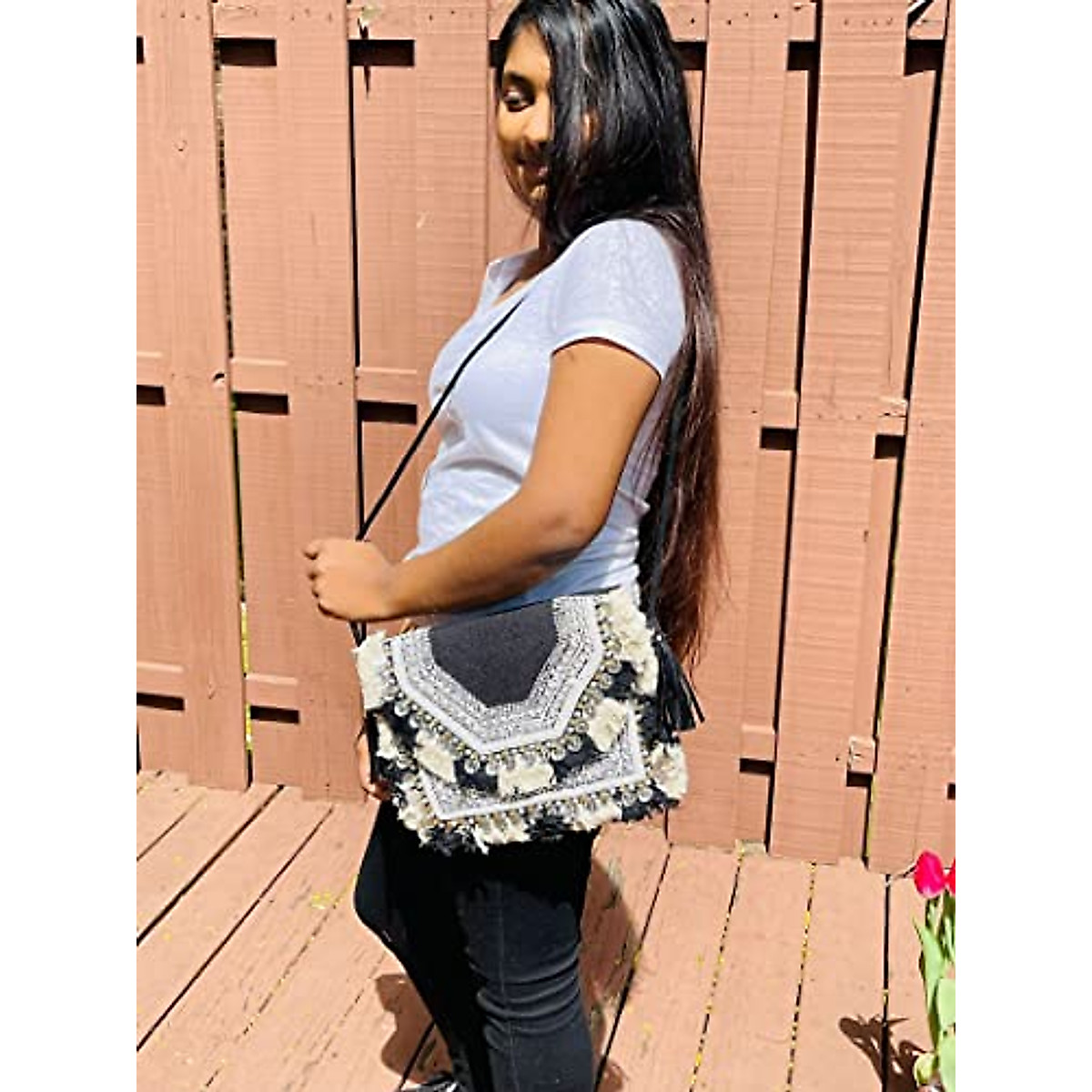 AMRANIS Boho Handcrafted Jute Coin Bag, Banjara bags, Designer Bohemian Bags, Shell Jute Bags Clutch, With Free Christmas Bag, Black4