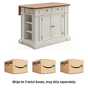 Homestyles Americana Kitchen Island with Wood Top and Drop Leaf Breakfast Bar, Storage with Drawers and Adjustable Shelves, 50 Inch Width, 49.75 inches, White and Oak