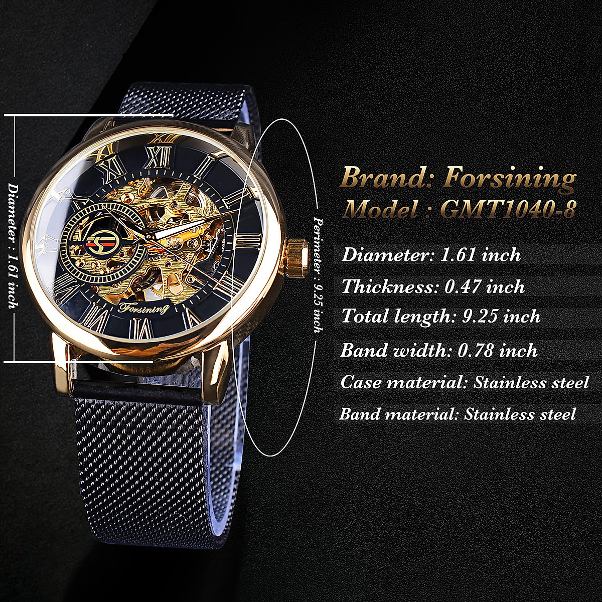 FORSINING Steampunk Watches for Men Hand Wind Watches Retro Design Staem Punk Mechanical Skeleton Wrist Watch Transparent Business Mesh Band Watch (Golden-Black)