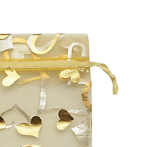 YYaaloa 100PCS Mini Sheer Heart Mixed Organza Bags 7X9 cm/2.7X3.5 inches, Drawstring Chic Gift Beauty Bags, Wedding Favor Bags Candy Jewelry Gift Bags (Gold, 2.7x3.5 inch)