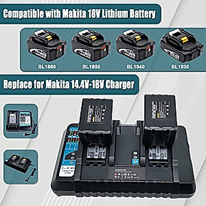 BATTOOL BL1830 18V 3.0Ah Battery and 6.0Ah Lithium Replacement Battery with DC18RD Dual Port Charger Compatible with Makita 18V Battery BL1860 BL1850 BL1840 BL1830 14.4V-18V Power Tools Battery