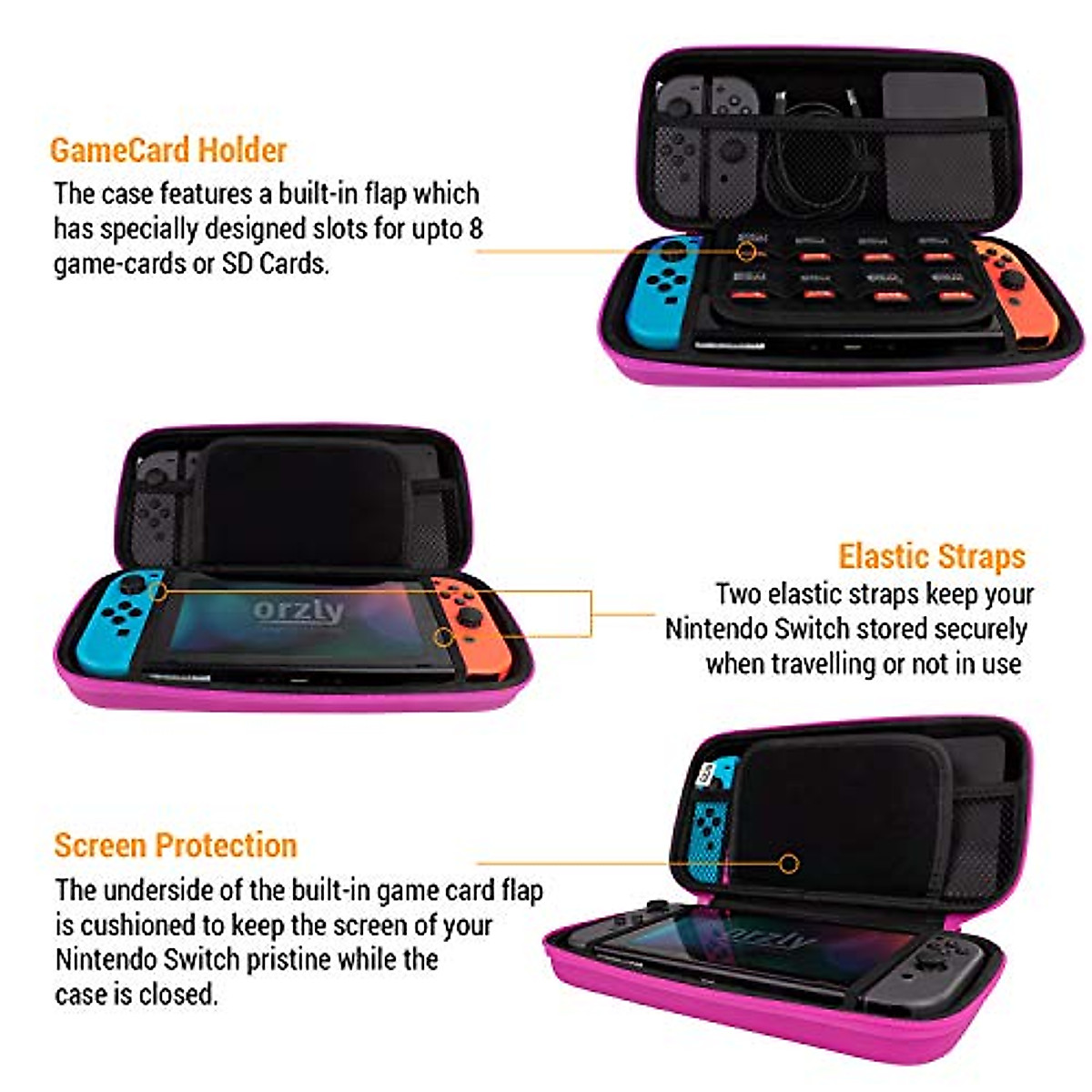 Orzly Carry Case Compatible with Nintendo Switch and New Switch OLED Console - Pink Protective Hard Portable Travel Carry Case Shell Pouch with Pockets for Accessories and Games