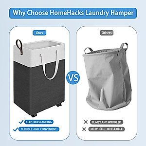 HomeHacks Laundry Basket with Wheels, Rolling Laundry Hamper, Collapsible & Waterproof Clothes Hamper, Narrow Corner Clothes Bins with Extended Handles for Clothes in the Family & Dorm (75L, Grey)