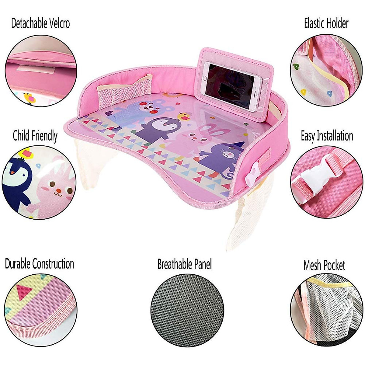 Kids Travel Tray for Toddler Car Seat, Toddler Car Seat Tray Organizer with Sturdy Play Table and Phone Holder, Road Design Enables Snack Play, Pink