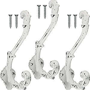 Neighbours Lane Cast Iron Hooks for Hanging Coats -Vintage Wall Hooks for Hanging Towels, Robes, Hats, Bags & More - Medium-Sized Mounted Decorative Wall Hook - Distressed White Finish Pack of 3