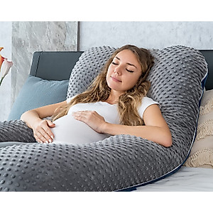 AngQi Peanutshell Pregnancy Pillows, Full Body Pregnancy Pillow with Minky Dot & Velvet Cover, U Shaped Body Pillow for Pregnant Women, Maternity Pillow for Side Sleeping and Back Support, Blue & Grey