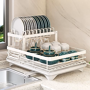 cadciehe Double Layer Storage Rack Kitchen Counter Drainer Strong Load-bearing Dish Drying Rack with Anti-Rust Coating 2 Tier Plates Organizer White 1