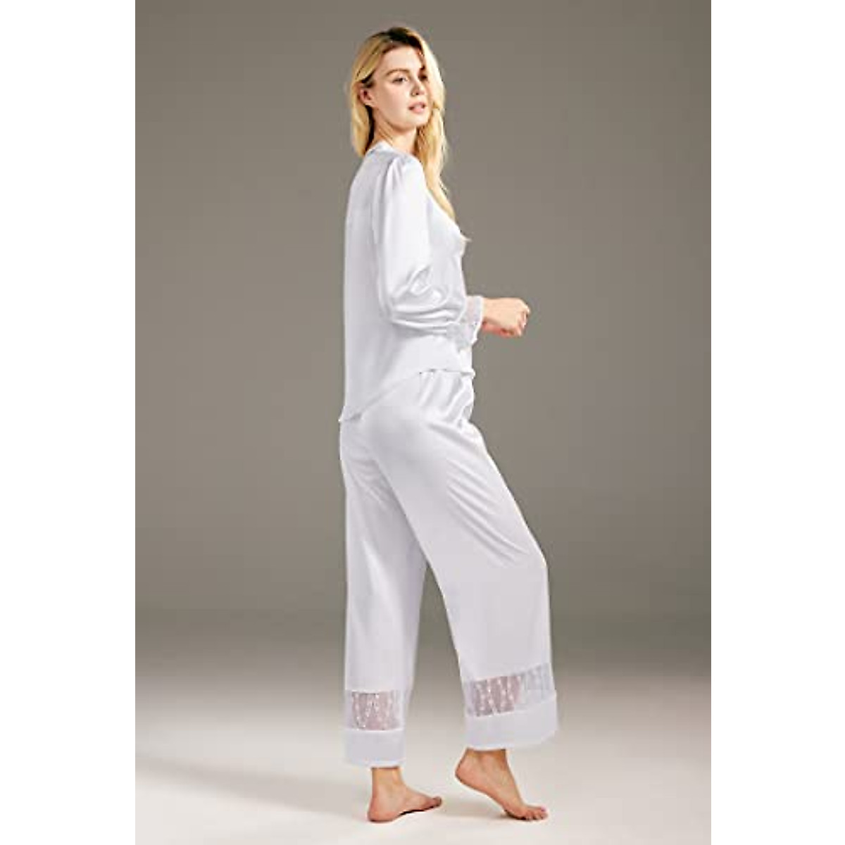 AW BRIDAL 2Pcs Comfy Womens Loungewear Set Pj Set V-Ncek Silk Pajamas For Women, Long Satin Pajamas Women, White, L| Bridal Party Pajamas Bride Gifts Bridesmaid Gifts For Wedding Day