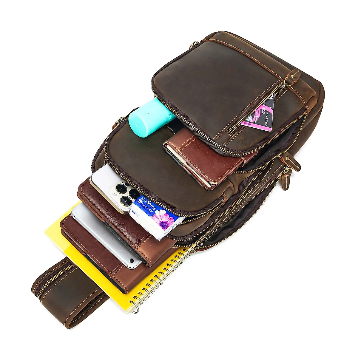 Lannsyne Small Vintage Leather Sling Bag For Men Crossbody Chest Daypack fits 10.5" iPad