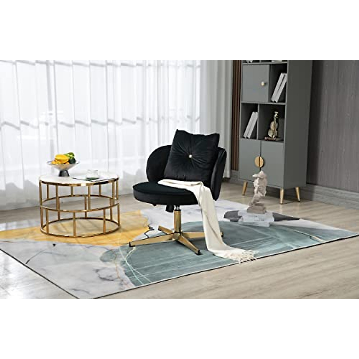 Pvillez Office Desk Chair No Wheels Polyester Fabric Armless Home Office Desk Chair Office Chair Vanity Chair Adjustable Swivel Home Office Computer Chair Task Chair with Pillow and Gold Base (Black)