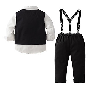 Baby Boys Long Sleeve Dress Shirt with Bowtie + Suspender Pants + Vest Gentleman Outfit for Infant Black 18-24M
