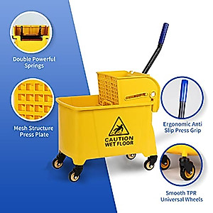 Mop Bucket with Wringer on Wheels, Commercial Mop and Bucket with Wringer Set, Mop Bucket Separate Dirty Water Perfect for School, Offices, Resturants, Restrooms, Yellow( 22 Quarts)
