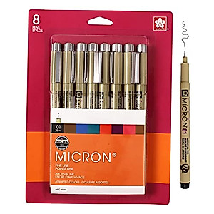 SAKURA Pigma Micron Fineliner Pens - Archival Black and Colored Ink Pens - Pens for Writing, Drawing, or Journaling - Black and Colored Ink - 01 Point Size - 8 Pack