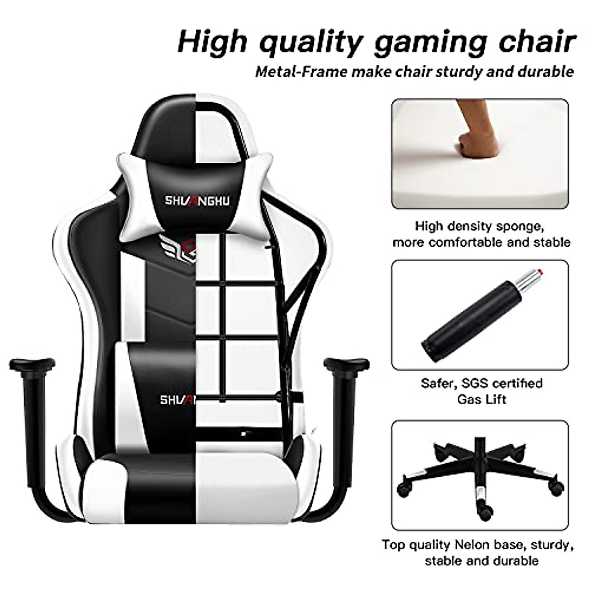 shuanghu Gaming Chair Office Chair Ergonomic PC Computer Chair with Reclining Racing Chair with Headrest and Lumbar Support Gaming Chair for Adults Teens Desk Chair (Black+ White)