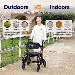 2 in 1 Walkers for Seniors with Seat, VOCIC Transformable Rollator Walker and Transport Chair, Transport Wheelchair w/Paded Seatrest, Pouch, Backrest and Footrest-Gloria Red