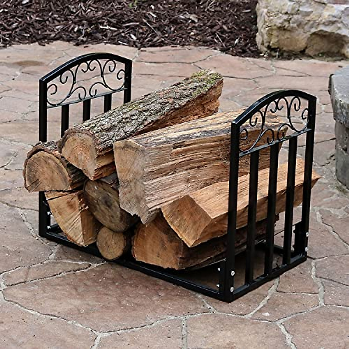 Sunnydaze 2-Foot Firewood Log Rack - Indoor/Outdoor Black Powder-Coated Steel Decorative Fireplace Wood Storage Holder
