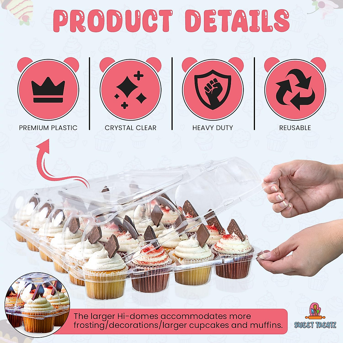 SWEET TREATZ - (10 Pc Set Plastic HI-DOME 24 Count Stackable Travel Cupcake Carrier with Detachable Lid. Clear STURDY Food Grade Plastic. Disposable or Reusable Cupcake Transport Container