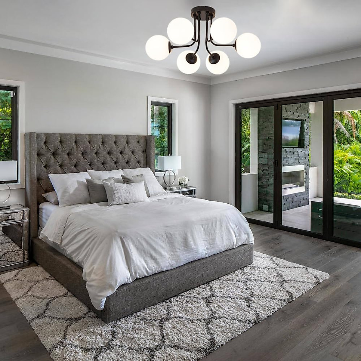 Hoengles Modern Semi Flush Mount Ceiling Light,Black White Glass Shade Semi Ceiling Light 6-Light,Sputnik Chandeliers for Bedroom Hallway Dining Room Lighting Fixture, HL-23072703