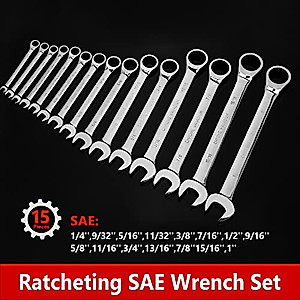 Egofine 15-piece SAE Ratcheting Wrench Set, SAE 1/4" to 1" Chrome Vanadium Steel, 12-Point Ratchet Wrenches, 72-Teeth Open End and Box End Combination Tool with a Roll Up Storage Bag