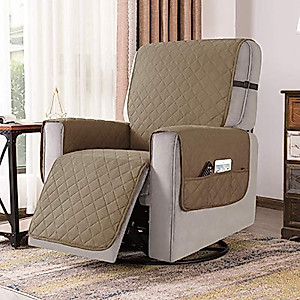 CHUN YI Recliner Chair Cover Reversible Small Recliner Slipcover for Dogs Seat Width to 25 Inch Washable Recliner Chair Protector with Elastic Adjustable Strap for Kids and Pets (Small, Khaki)