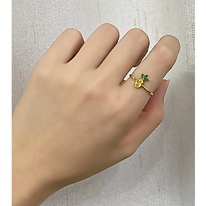 CZ Pineapple Thin Cute S925 Sterling Silver Gold Plated Engagement Open Tail Rings Dainty Adjustable Finger Promise Statement Band Small Fruit Colorful Ring Jewelry Gifts for Birthday Women Daughter Xmas