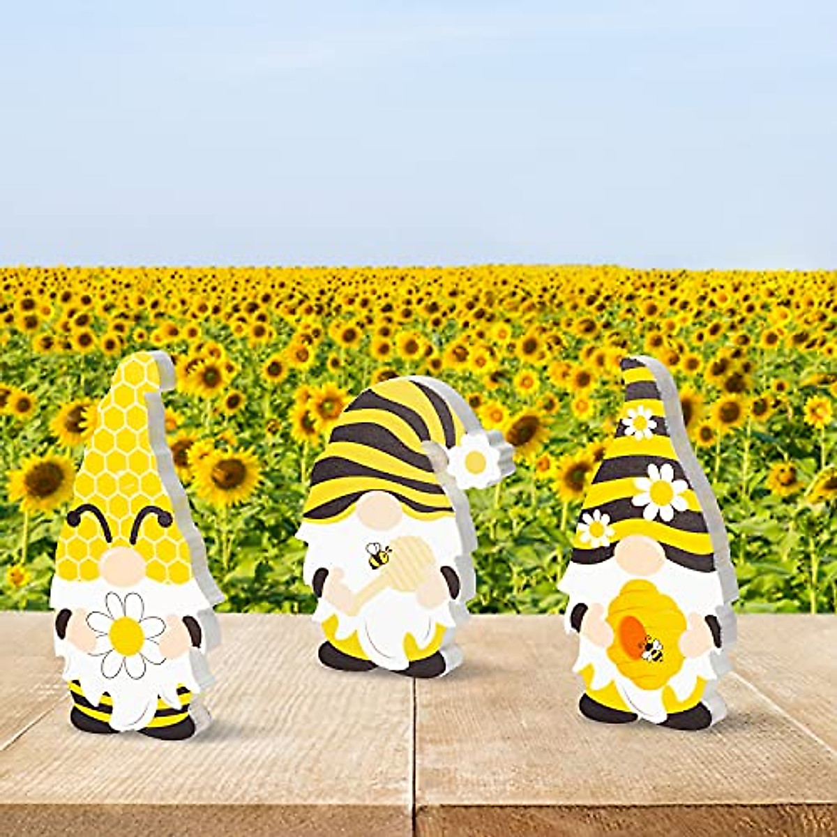 2ooya R HORSE 3Pcs Bee Sunflower Gnome Wooden Sign Honeybee Gnome Wooden Freestanding Table Decor Double Printed Gnome Tabletop Centerpiece Ornament Decoration for Summer Beach Home Office Party