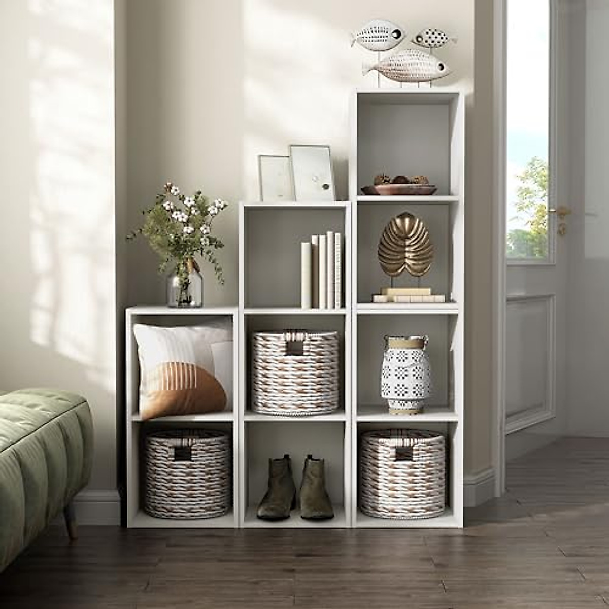 HOMES: Inside + Out Apexa 3 Cube Storage Organizer Shelves, Stackable Wood Bookcase Fits Cubby Bins for Organization, Dorm Teen Room Decor & Home Office, White