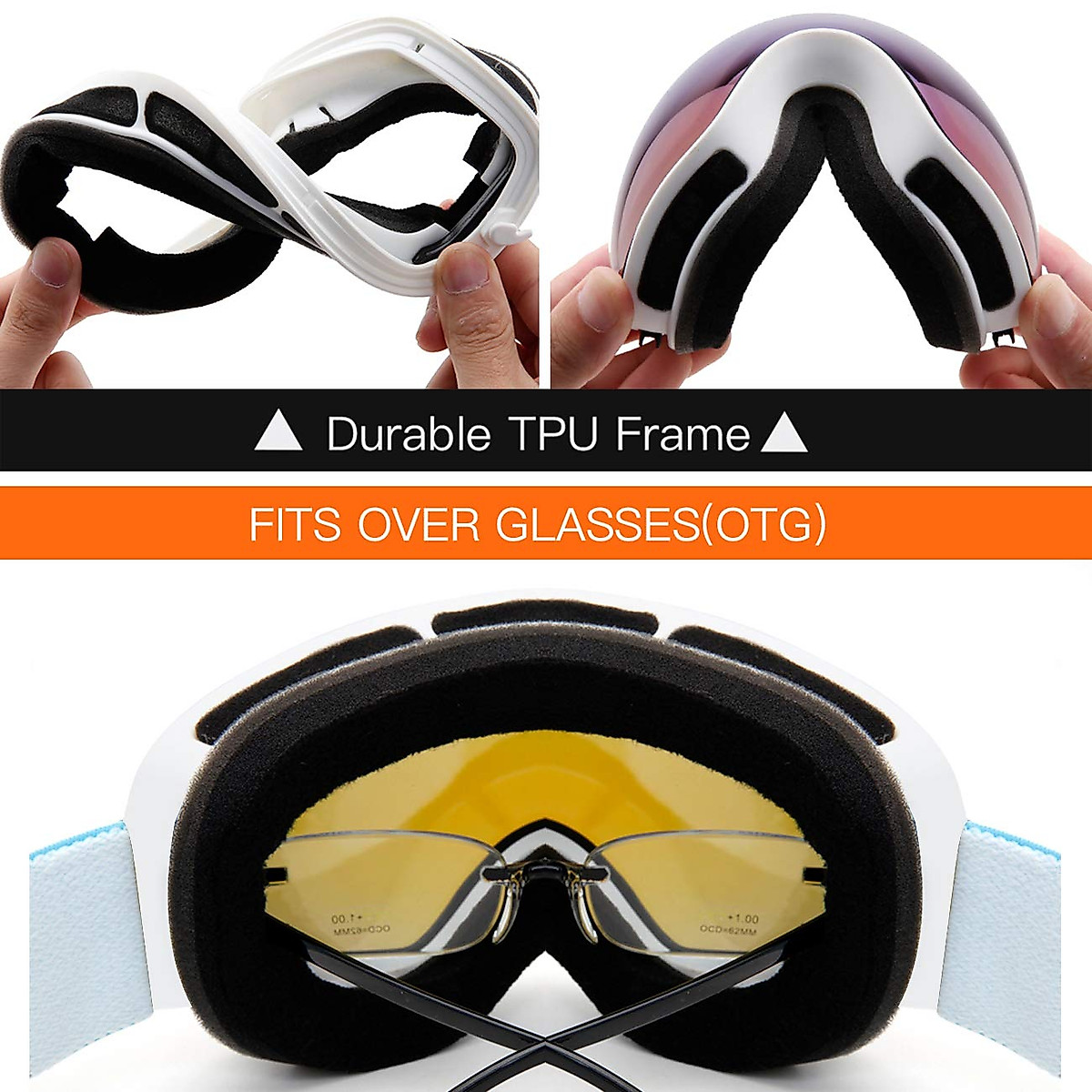 JULI Kids Ski Goggles,Interchangeable Double Layer Spherical Lens,OTG Anti-Fog Snowboard Skate Snow Goggles Age 4-16 4300（White/Blue）