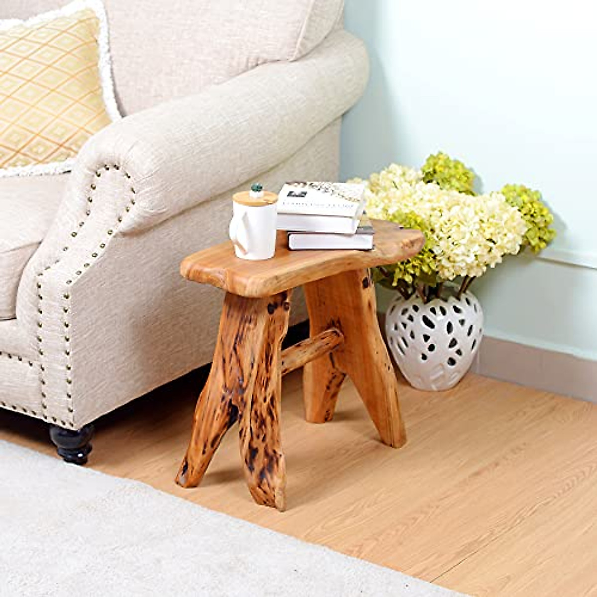 Brefhome Wooden Tree Stump Plant Stand Stool Side Table,Small Natural Wood Bench,Indoor/Outdoor Use