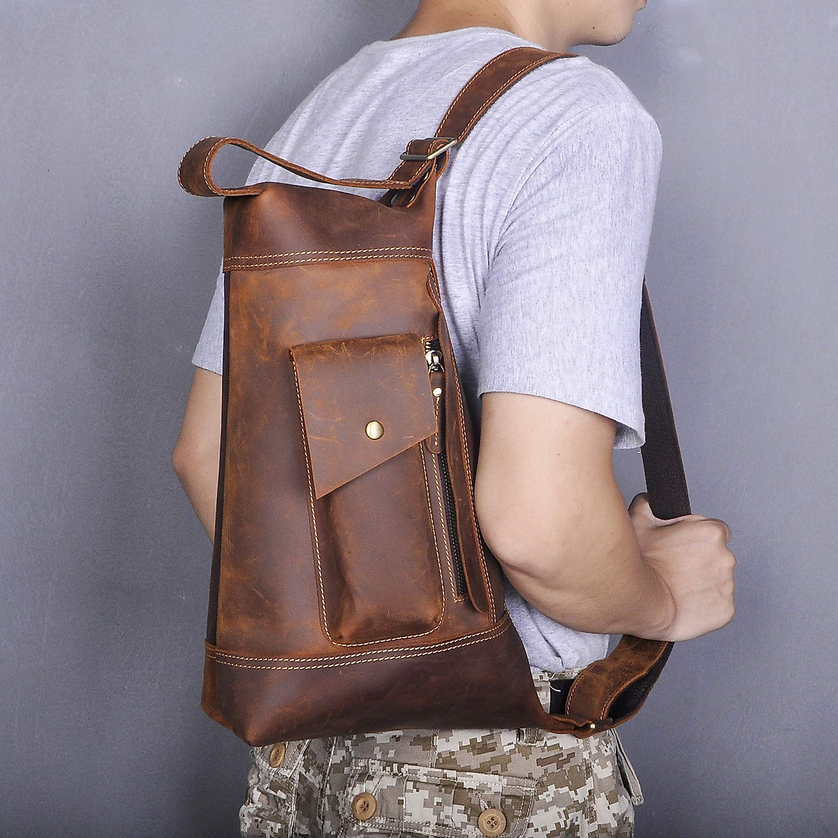 Le'aokuu Men Outdoor Large Travel Hiking Tea Cross-body Chest Sling Bag Rig One Shoulder Strap Bag Backpack Men Quality Leather 2329 (Brown)