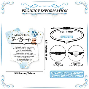 Chuangdi 50 Sets Baby Shower Bracelets Party Favors for Guests a Message from the Bump Adjustable Cute Heart Bracelets Thank You Card Bracelets for Gender Reveal Thank You Gifts(Blue)