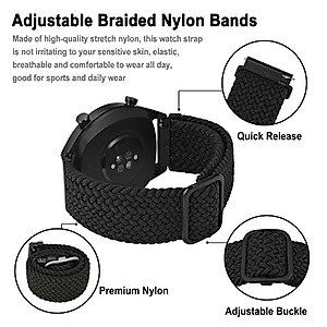 BISONSTRAP Nylon Watch Bands 20mm, Adjustable Braided Loop Straps for Men and Women,Black with Black Buckle
