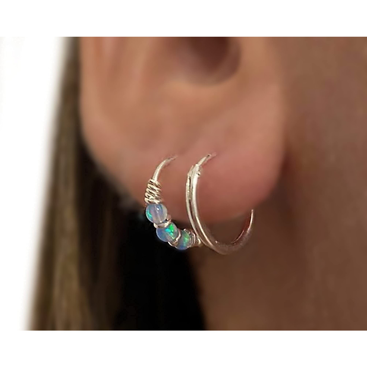 Handmade Silver Single 10MM Cartilgae Helix Piercing Hoop Earring with Trio Blue Opal, 925 Sterling Silver Very Small 10MM Thin 22Gauge Hoop for women, By Miya Jewelry