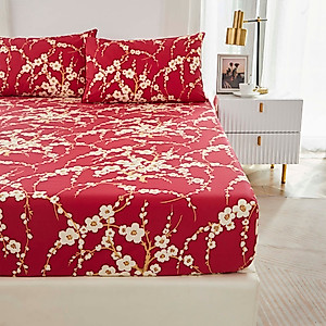 Brandream Floral Sheet Set Twin Size Japanese Oriental Style Cherry Red Blossom Flower Branches Print Chinoiserie Bedding Pillowcases Set 800TC Egyptian Cotton Sateen Botanical Tree Deep Pocket, 4 Pcs
