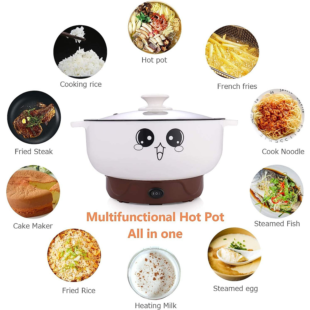 BXE 4-in-1 Multifunction Electric Cooker Skillet Wok Electric Hot Pot For Cook Rice Fried Noodles Stew Soup Steamed Fish Boiled Egg Small Non-stick with Lid (without Steamer,White)