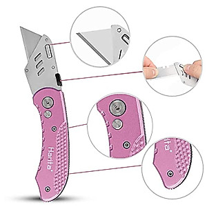 Folding Utility Knife Box Cutter Quick Change Blades, Back-lock Mechanism, Portable Belt Clip, with 5-piece Extra Blades, Purple