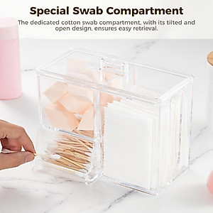 Varku Cotton Pad Holder, 3 in 1 Clear Makeup Organizer, Q Tips Holder, Cotton Swab Holder, Makeup Pad Box, Cosmetic Storage Case for Bathroom Bedroom, 6.97 x 4.33 x 5.55 inches