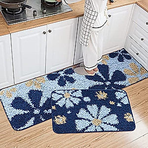 Kitchen Rug Set, 2-in-1 Kitchen Mat Anti-Fatigue Cushioned Kitchen Sink Floor Mat Super Absorbent Non Skid Easy to Clean Comfort Standing Kitchen Mat (Blue)