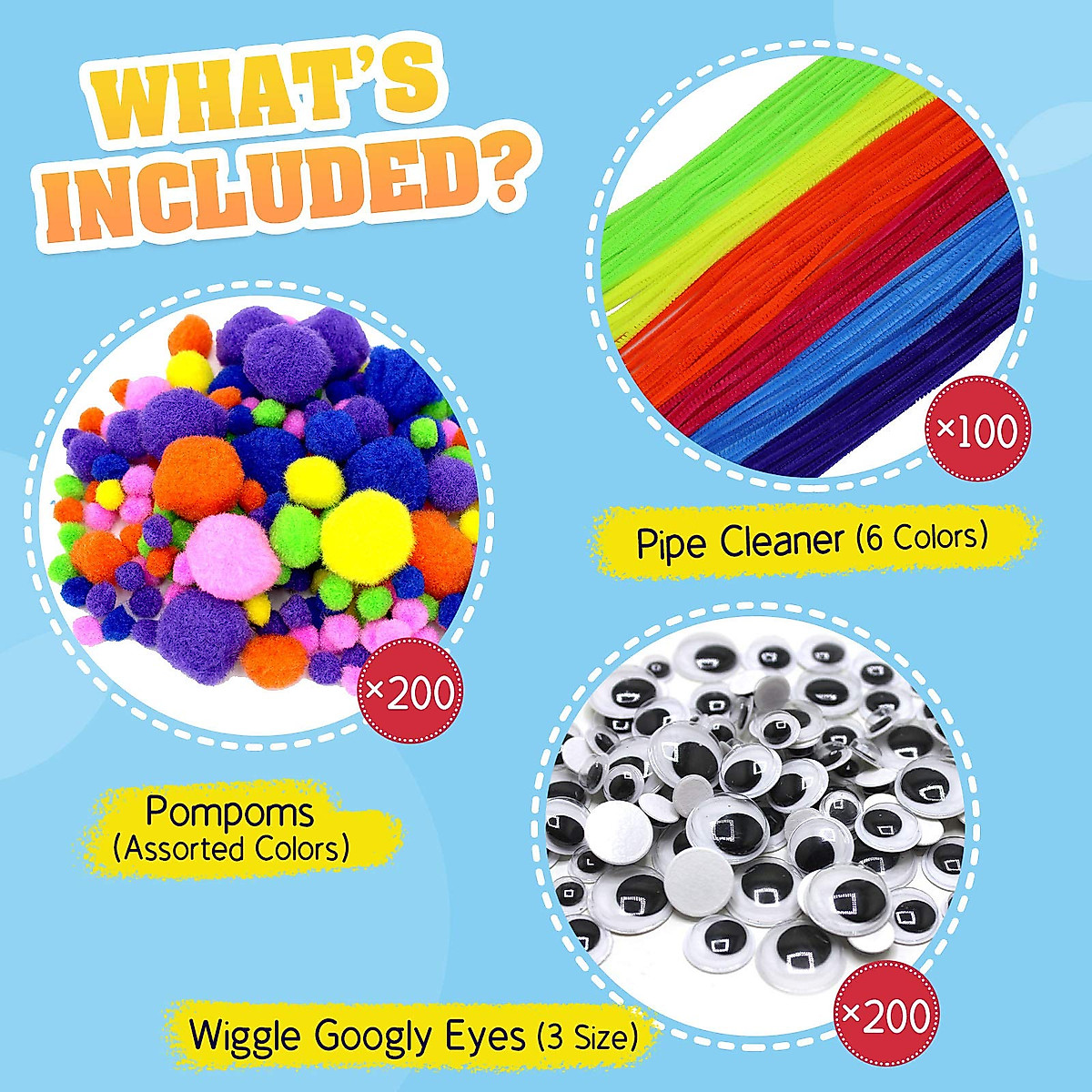 500Pcs Pipe Cleaners Craft Supplies, Including 100 Pcs Pipe Cleaners 200 Pcs Pom Poms Arts and Crafts 200 Pcs Wiggle Googly Eyes Self Adhesive