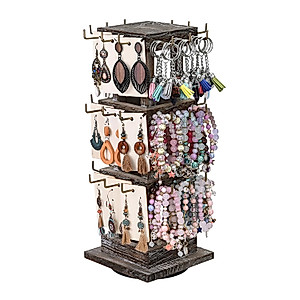 Ikee Design Wood Rotating Jewelry Display Stand Tower,Spinning Keychain Display Stand,36 Hooks Spinning Necklace, Bracelet, Earring Rack for Vendor, Coffee Color