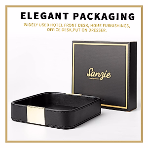 SANZIE Luxury Leather Desktop Storage Small Catchall Organizer Decorative Tray for Entryway Table to Hold Jewelry Watch Cosmetics Keys Phone Wallet, Home & Office Accessories (Metal Glided, Black)