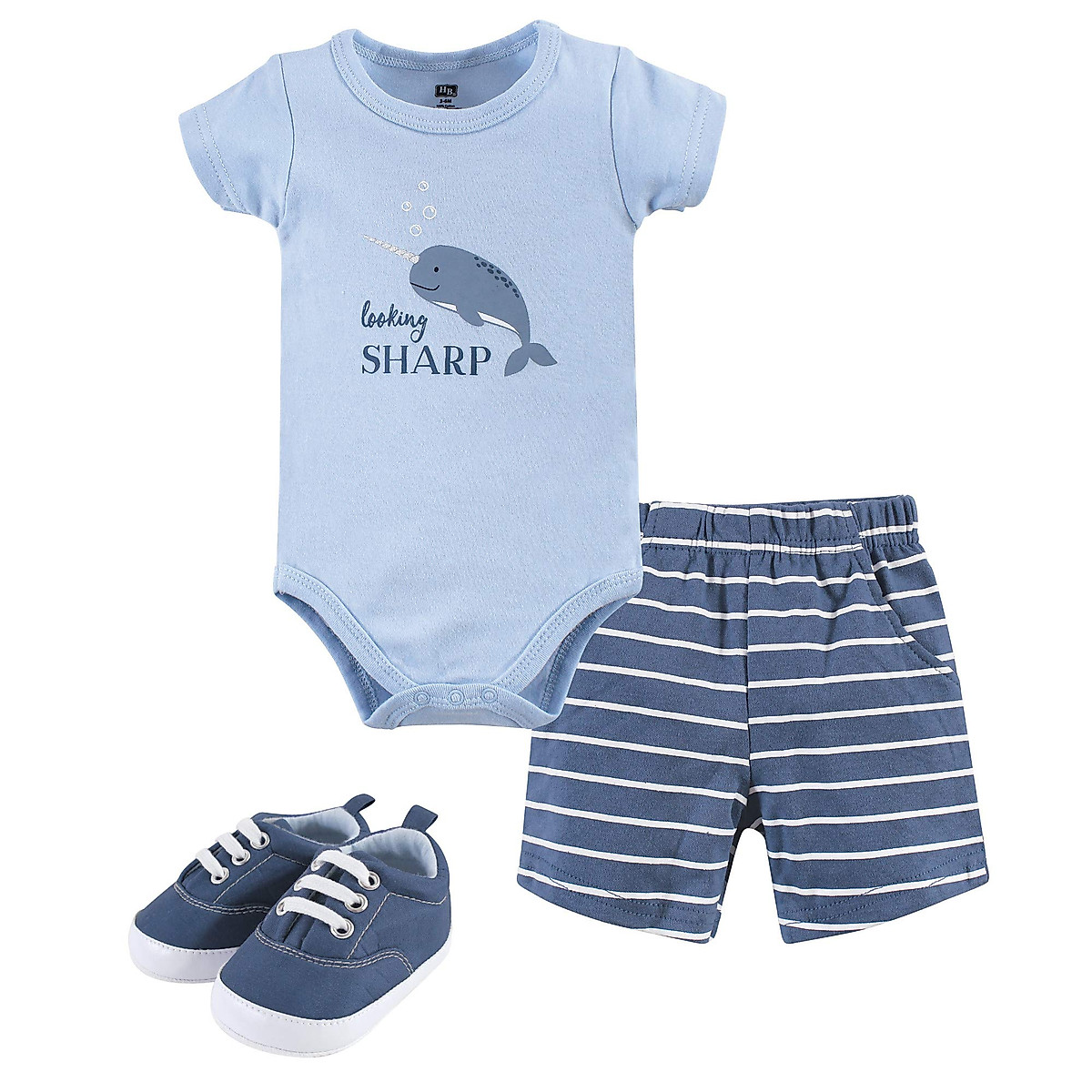 Hudson Baby Unisex Baby Cotton Bodysuit, Shorts and Shoe Set, Narwhal, 3-6 Months