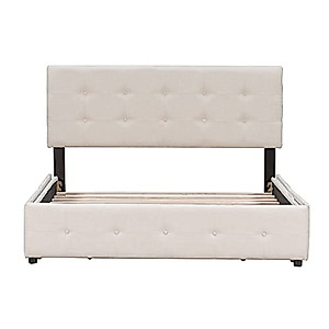 Wooden Queen Bed Frame Upholstered Platform Bed with Classic Headboard and 4 Drawers, No Box Spring Needed, Linen Fabric, Queen Size Beige