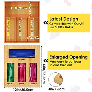 Bag Storage Organizer with Stickers for Kitchen Drawer, Bamboo Made Food Storage Wrapped Baggie Organizer Holders Dispenser, Compatible with Gallon Quart (Slider Quart) Sandwich and Snack Size Bags