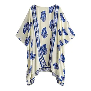 SweatyRocks Women Kimono Vintage Floral Beach Cover Up Blue White X-Large