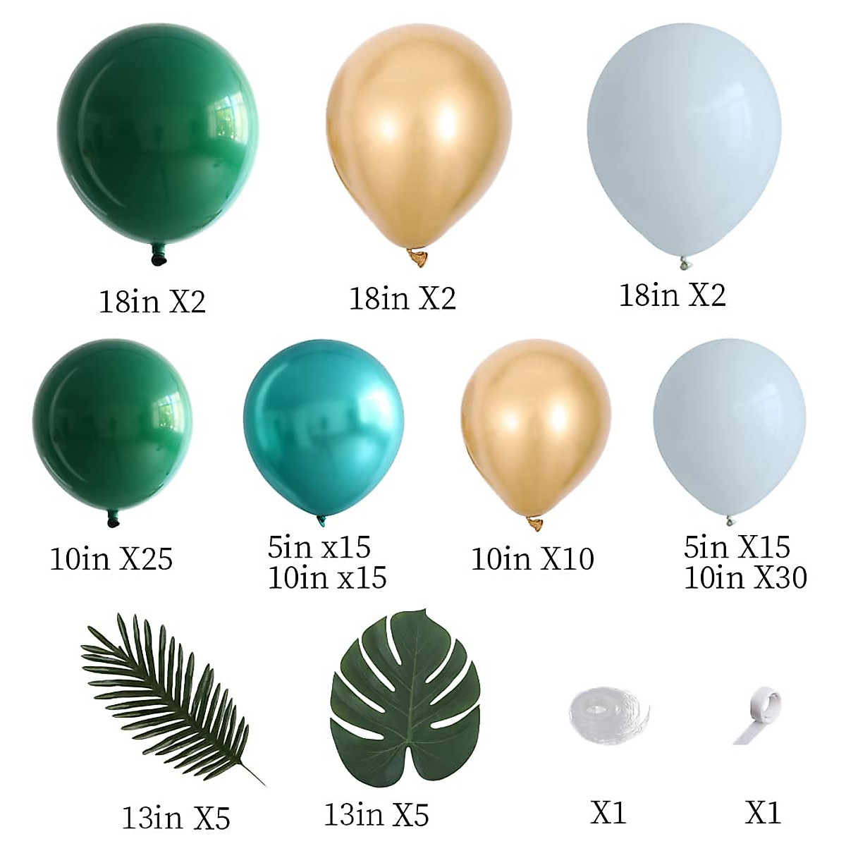 128Pcs Jungle Sarfari Balloon Garland Arch Kit, Double Stuffed Emerald Green Matellic Gold White Balloons with Artificial Palm Leaves for Wild One Animal Party Decorations Kids Birthday Baby Shower