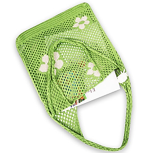 Arcimatto Crochet Tote Bag, Women Summer Aesthetic Mesh Beach Bags, Girls Hobo Bags Y2k Purse Fairy Grunge Accessories (Green Flower)