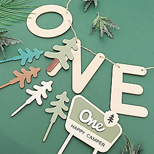 One Happy Camper Wood Banner/Cupcake Topper Set - Camping Cake Topper, Woodland Birthday Party Decoration, One Happy Camper Birthday Banner, First High Chair Wood Safari Jungle Garland For Baby Shower Boy/Girl(Wooden One Happy Camper 1st Birthday Toppers/