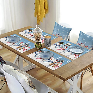 Christmas Snowman PVC Placemats Set of 4 for Dining Table, Washable Wipeable Vinyl Table Mats, Xmas Winter Snowflake Non-Slip Place Mats Indoor for Kitchen Table Party Kids